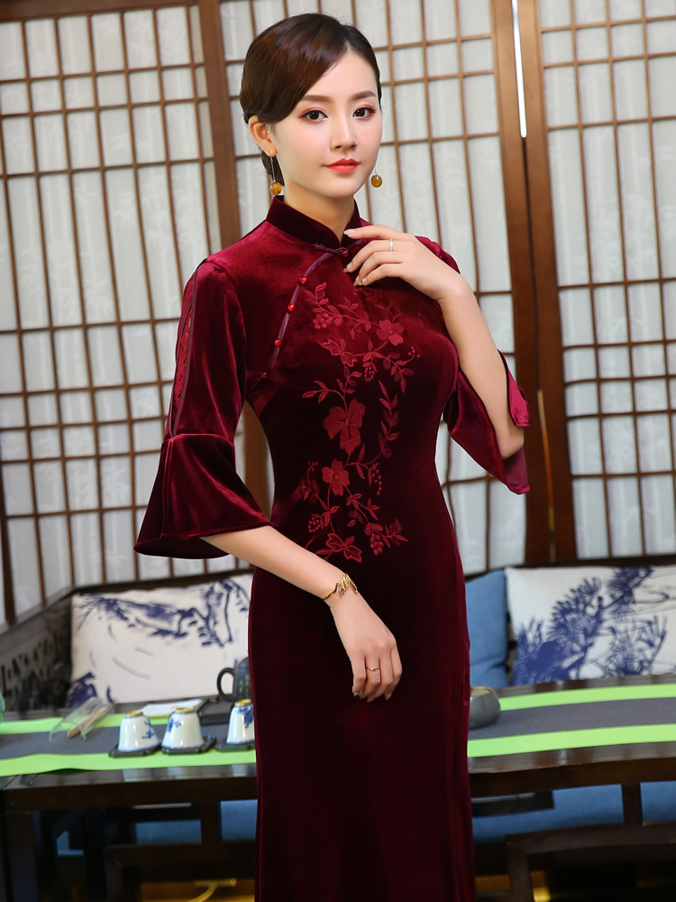 Bell Sleeve Claret Velvet Modern Qipao Cheongsam Dress Qipao