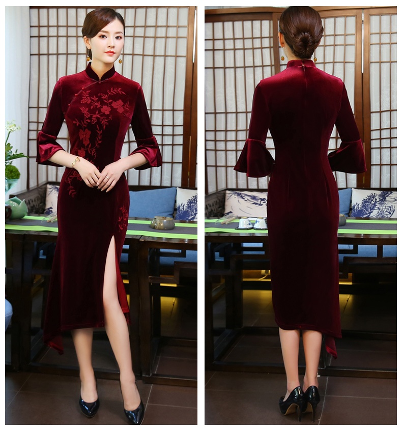Bell Sleeve Claret Velvet Modern Qipao Cheongsam Dress Qipao