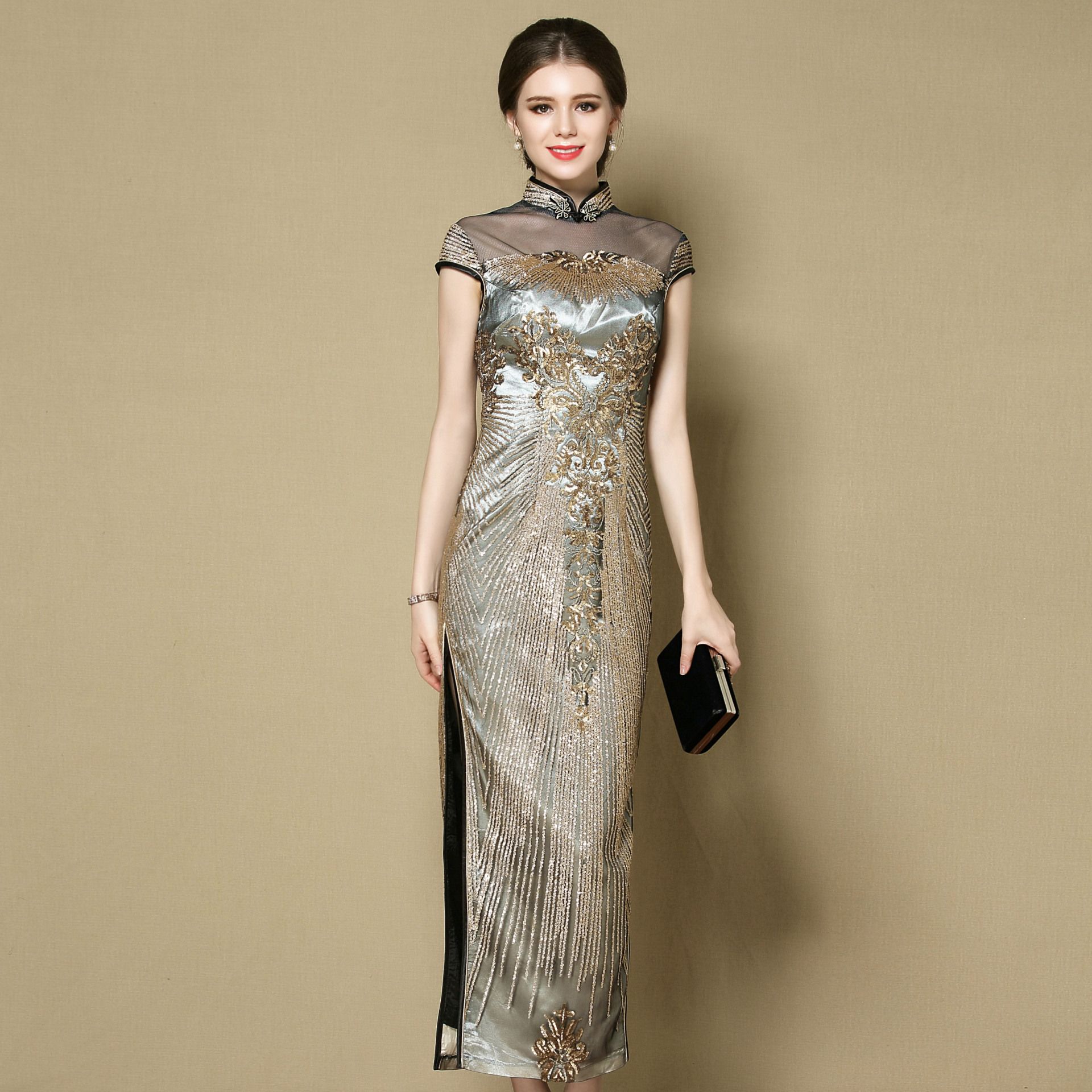 Marvelous Beaded Long Qipao Cheongsam Dress Gray Qipao Cheongsam