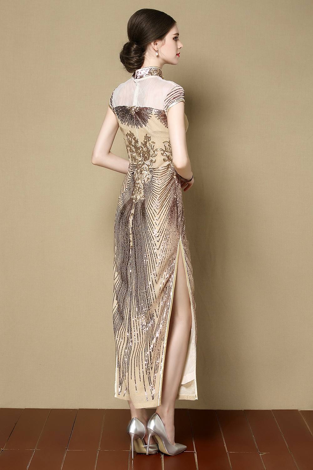 Marvelous Beaded Long Qipao Cheongsam Dress Golden Qipao Cheongsam