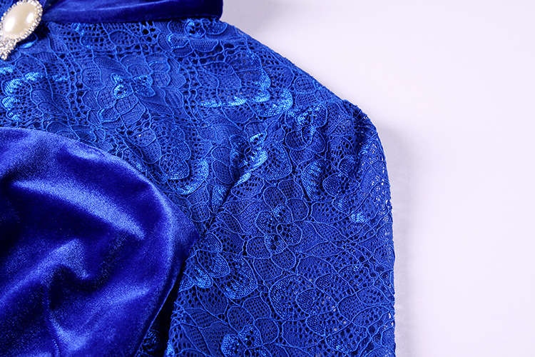 Elegant Long Lace Sleeves Modern Short Velvet Qipao Blue Qipao