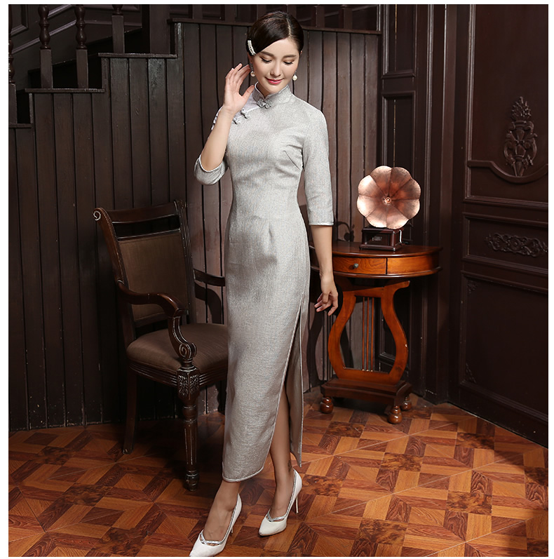 Classic Long Qipao Cheongsam Chinese Dress Light Gray Qipao