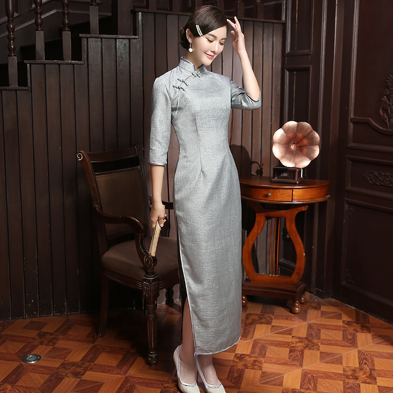 Classic Long Qipao Cheongsam Chinese Dress Dark Gray Qipao