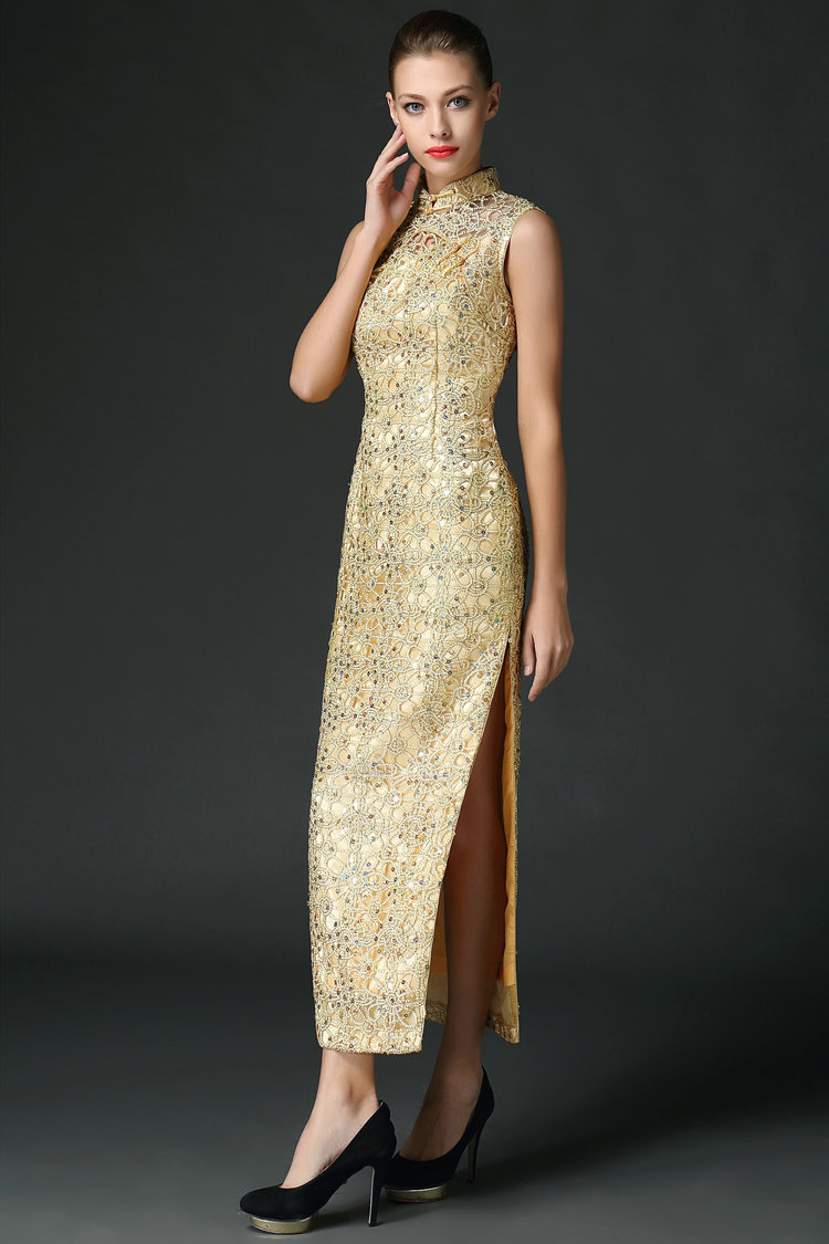 Superb Beaded Lace Sleeveless Long Cheongsam Qipao Dress Qipao