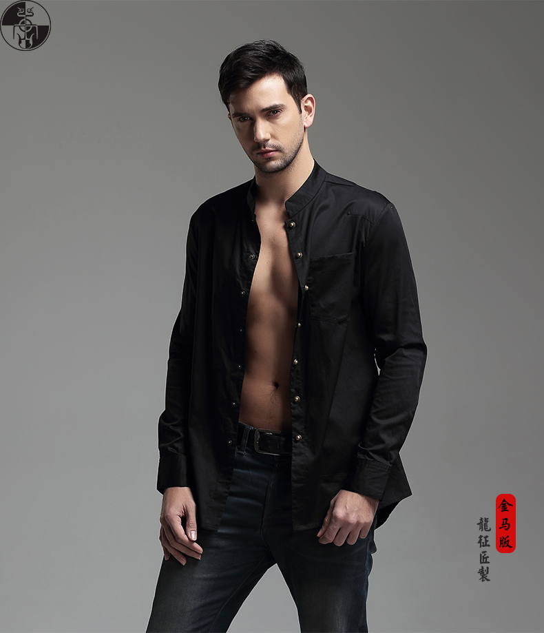 Modern Mandarin Collar Snap Button Shirt - Black - Chinese Shirts ... Modern Mandarin Collar Snap Button Shirt - Black - Chinese Shirts ...