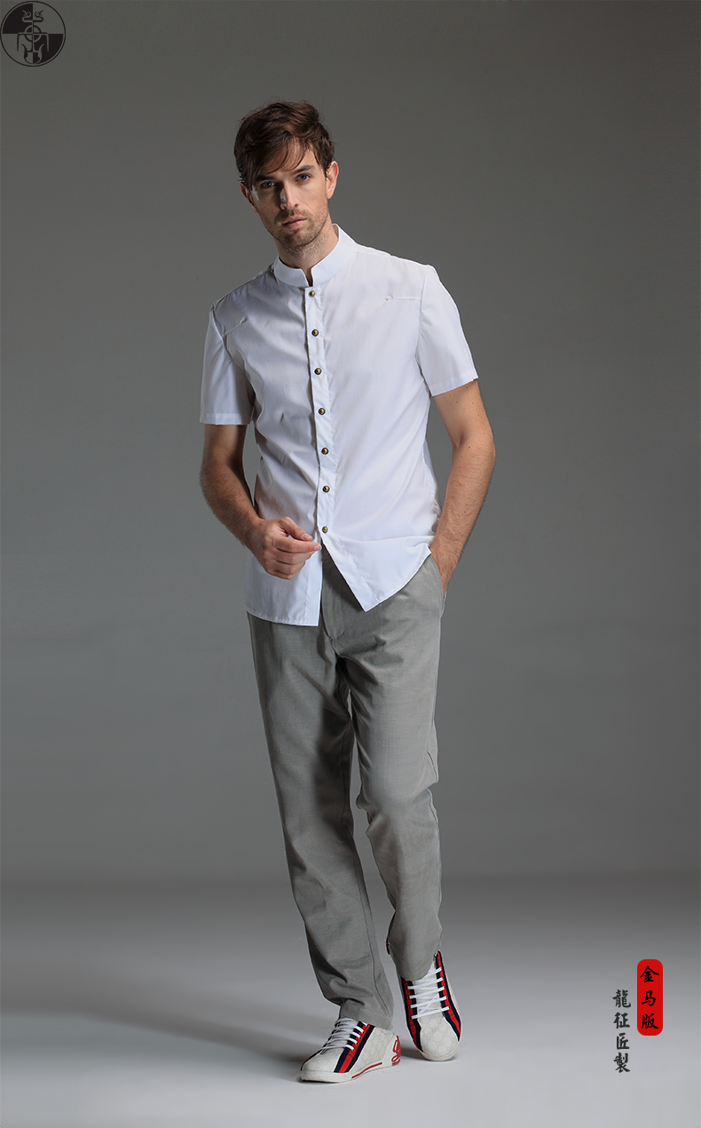 Mandarin Collar Short Sleeve Cotton Shirt White Chinese Shirts