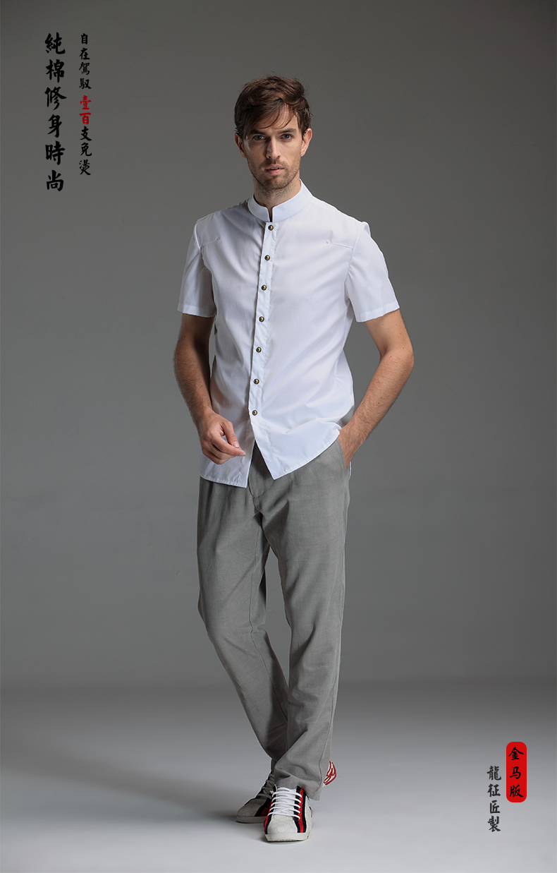 Mandarin Collar Short Sleeve Cotton Shirt White Chinese Shirts