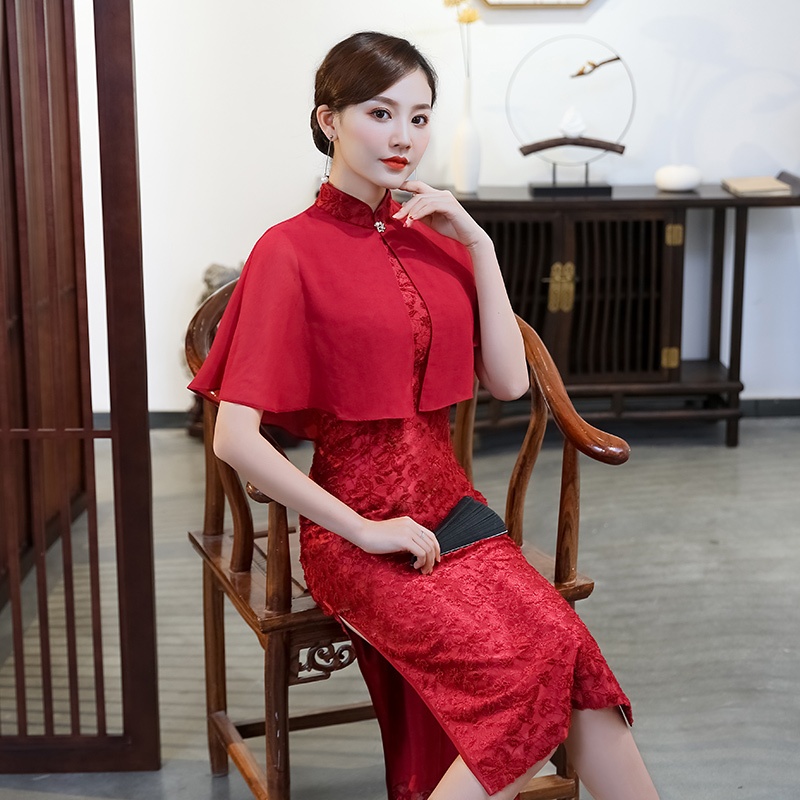 Flocked Velvet Qipao Cheongsam Dress Attached Shawl Qipao Cheongsam