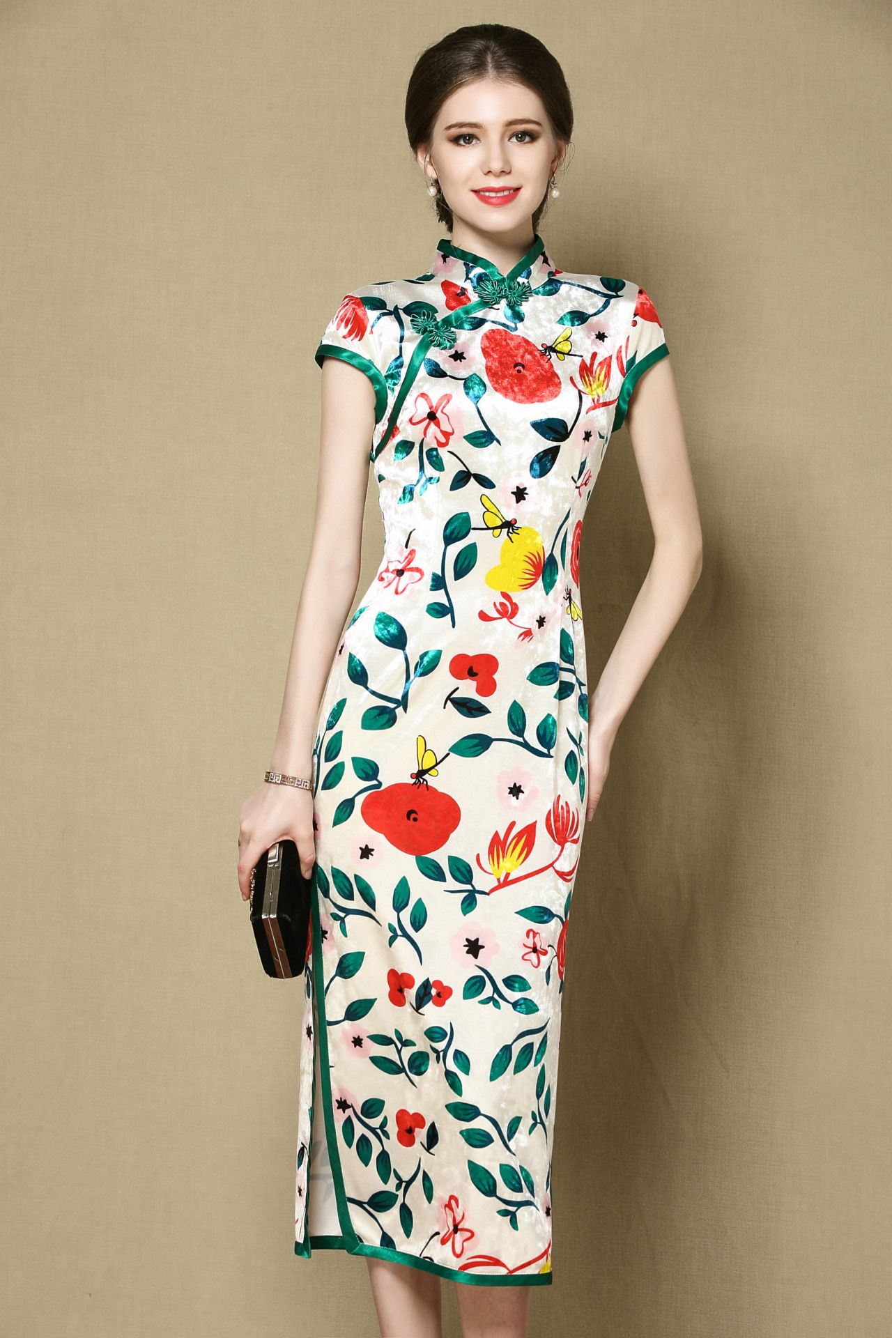 Beautiful Flower Print Velvet Qipao Cheongsam Dress Qipao Cheongsam